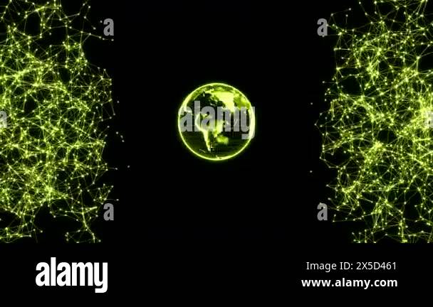 Holographic Earth planet spinning against black background with connected plexus lines. Shining ...