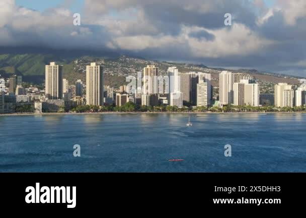 The video showcases a panoramic view of Waikiki, a city on the island ...