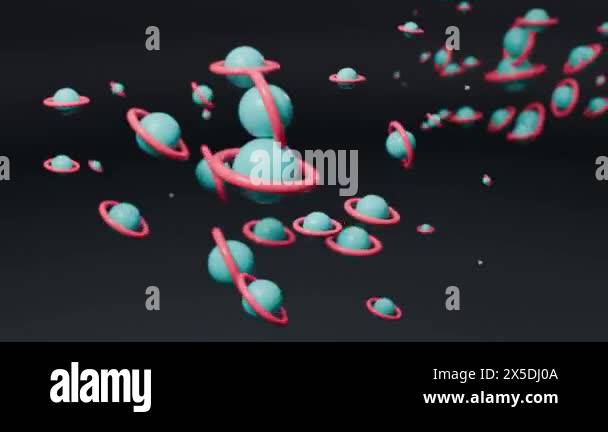 Abstract 3d animation of a multitude of spheres with rings that appear ...