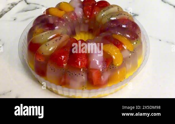 Healthy fruits jelly pudding. The pudding is made from vanilla jelly ...
