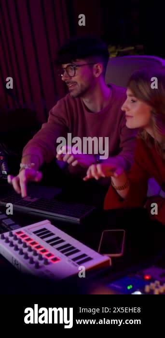 Conversation of young man dj and modern musician woman discussing new ...