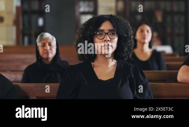 Funeral, service and people praying in church, memorial and ceremony in ...