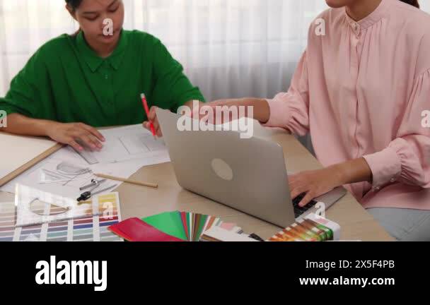 Slow motion interior designer using architectural equipment draw a ...