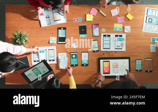 Top view of smart software developer planning software development. Skilled programmer team ...