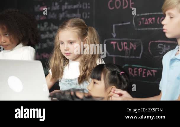 Smart caucasian girl using laptop programing engineering code and ...