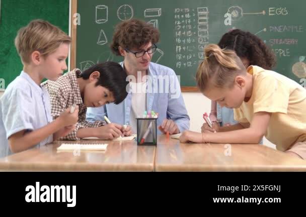 Smart teacher explain idea while diverse children drawing mind map ...
