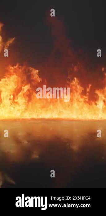 Vertical Fire Blazing on a Reflective Surface 4K features a line of ...