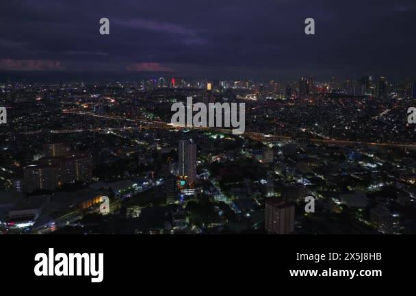 Aerial panoramic view of metropolis. Fly above buildings and streets in ...