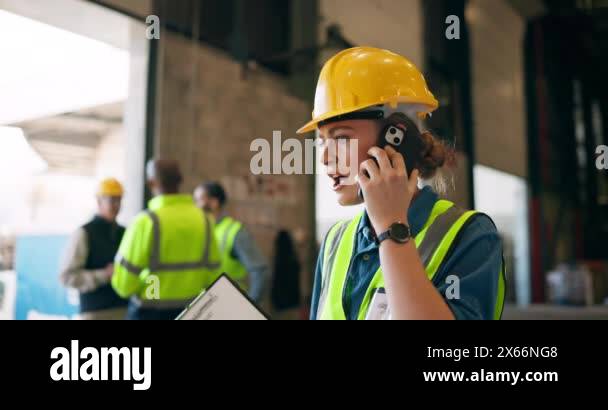 Industrial, factory and angry woman with phone call problem and stress ...
