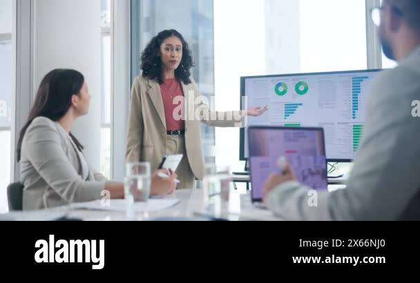 Team, screen and office for data, discussion and planning with report ...