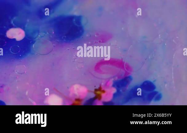 Bubble glitter paint. Floating flowers. Defocused pink blue color ...