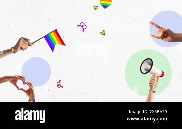 Stop motion. Animation. Group of diverse hands holding rainbow flag and ...