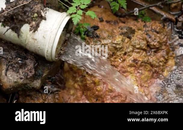 Sewage flowing from plastic pipe into a ecological river stream in slow ...