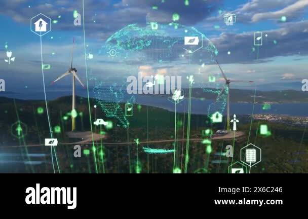 Alternative Energy. Wind farm. Aerial view of horizontal-axis wind ...