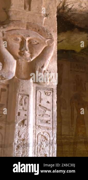 Columns and hieroglyphic drawings inside the temple of Nefertari next ...
