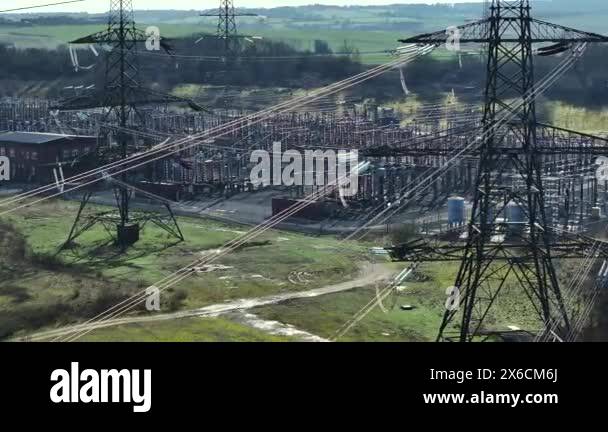 Electricity Pylons and a Power Distribution Substation Stock Video ...