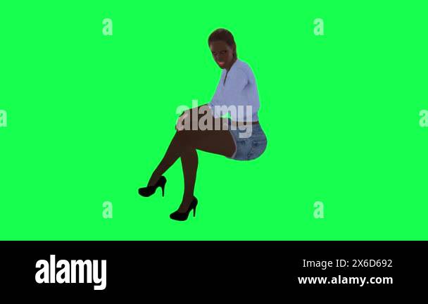 3D woman sitting on green screen, people render animation 4k Stock ...