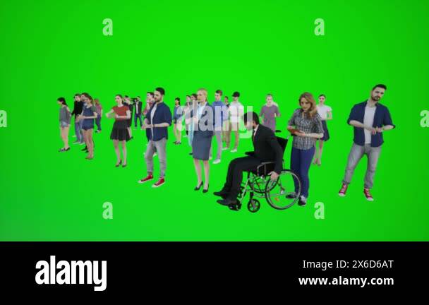3d people protesting standing from front angle on chroma green screen ...