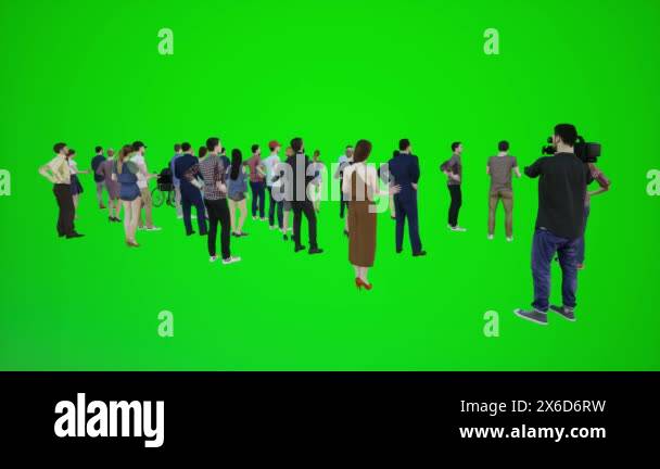 3d people protesting standing from back angle on chroma green screen ...