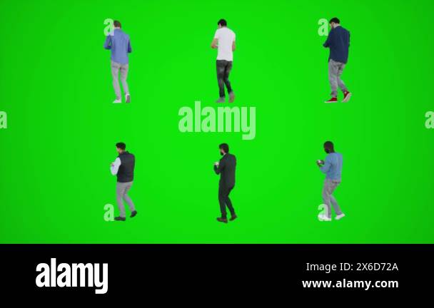 Six men walking in tourist areas and talking on the phone from three ...