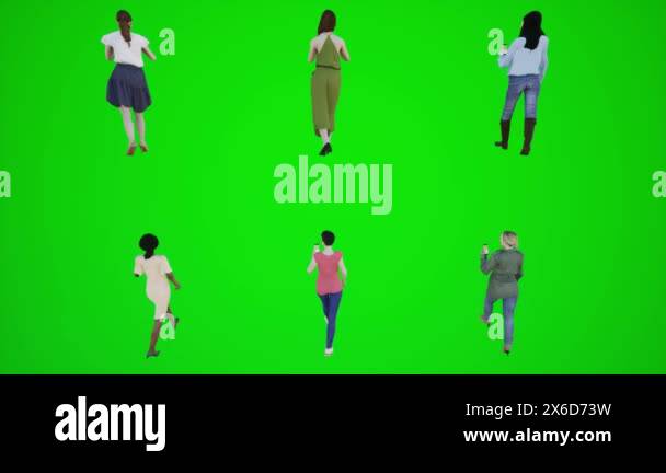 Six women walking on the bridge and playing on the phone from the back ...