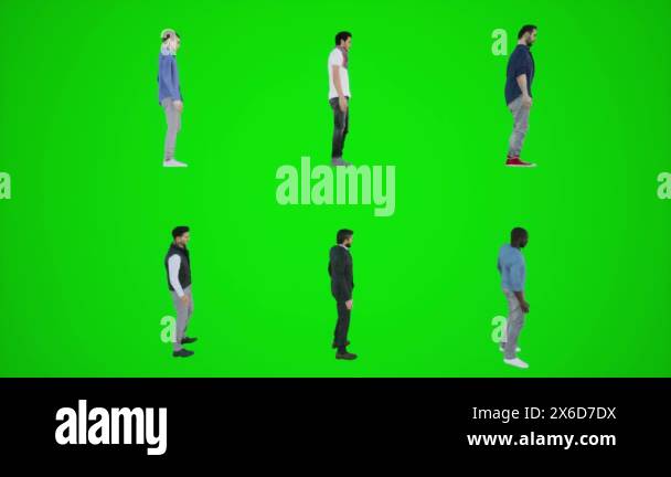 3D animation of six men standing at a bus stop from a side angle render ...