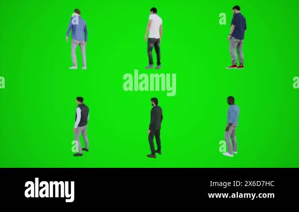 3D animation of six men standing at the bus stop from a three-cornered ...