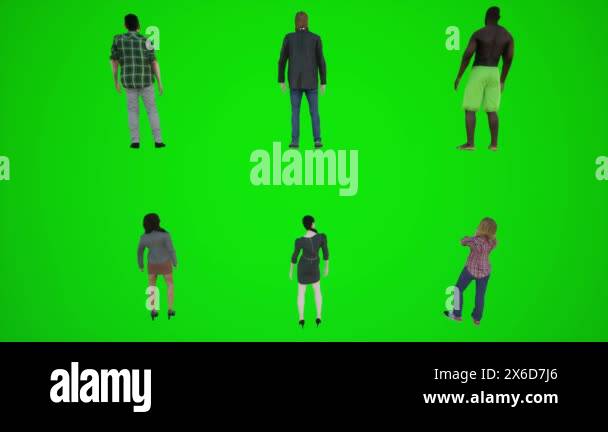 3d people green screen six men and woman standing in park from back ...
