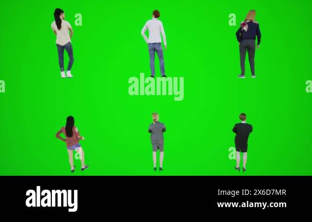 3d people green screen six women standing in chromakey school from back ...