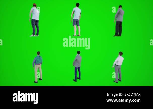 3D animation of six men standing on a green screen and looking at the ...