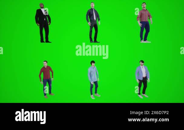 3D animation of six male employees who are standing on a green screen ...