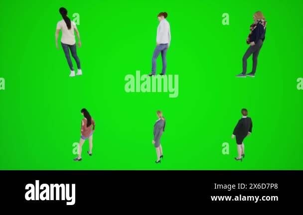 3d people green screen six women standing in chromakey school from ...