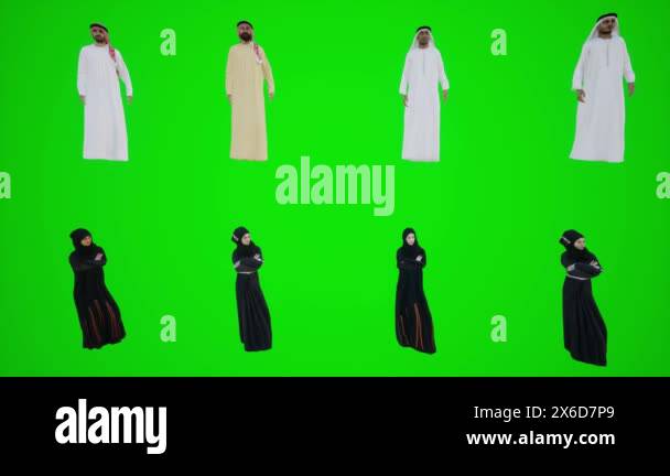Arab 3D animation of Arab men and women standing on a green screen. Chromakey animation ...