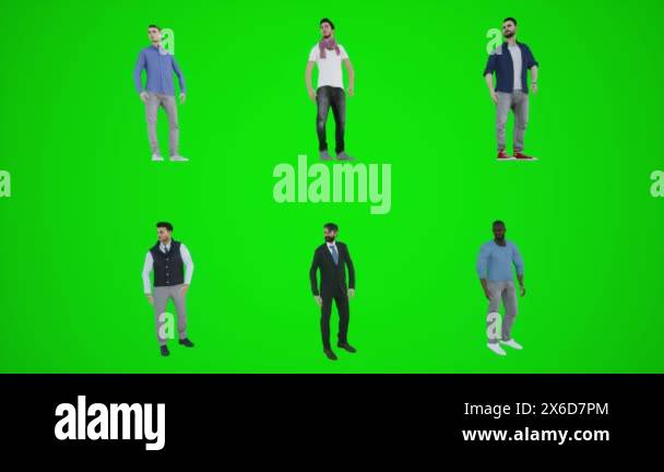 3D animation of six men standing on a green screen and waiting ...