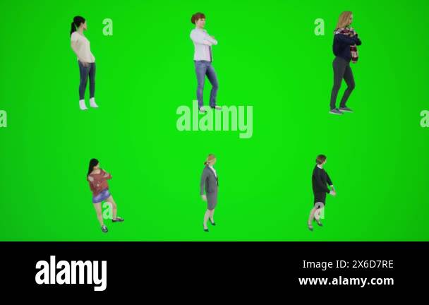 3d people green screen six women standing in chromakey school from ...