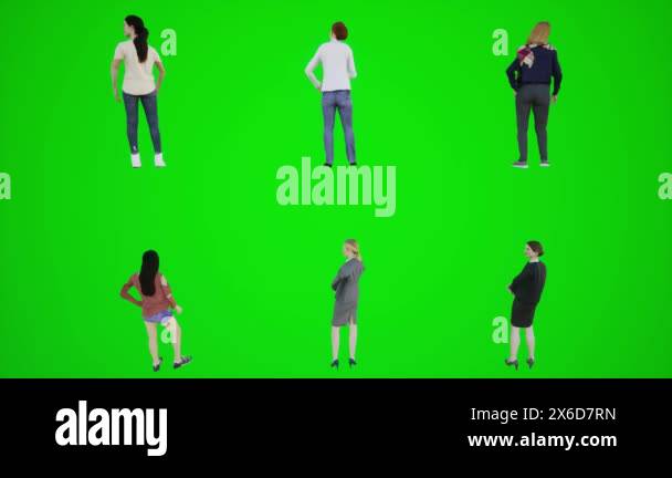 3D animation of six women standing on a green screen and waiting in the ...