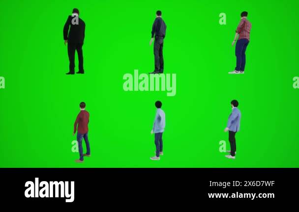3D animation of six male employees who are standing on a green screen ...