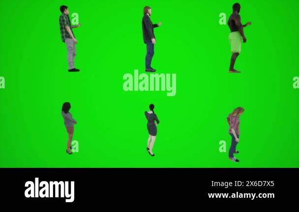 3D animation of six men and women standing on a green screen and ...