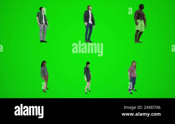 3D animation of six men and women standing on a green screen and ...
