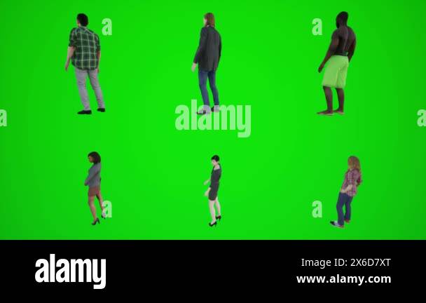 3d people green screen six men and woman standing in park from chromakey front angle render ...