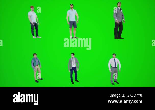 3D animation of six men standing on a green screen and looking at the ...