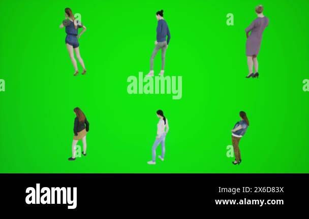 3D animation of six women standing on a green screen and waiting in the ...
