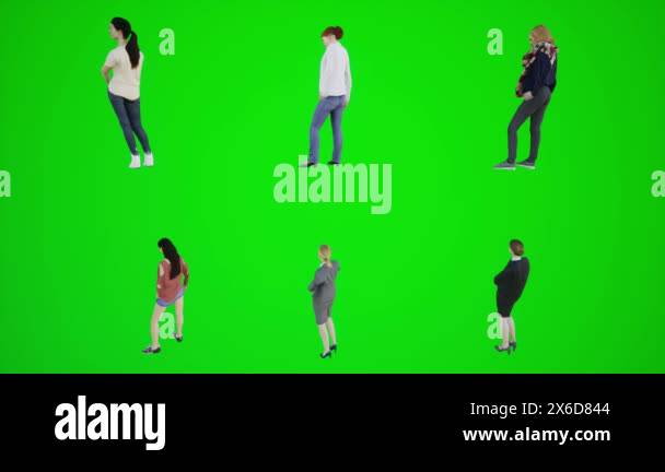 3D animation of six women standing on a green screen and waiting in the ...