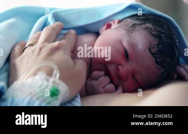 Newborn baby right after birth resting on mother's chest covered with ...