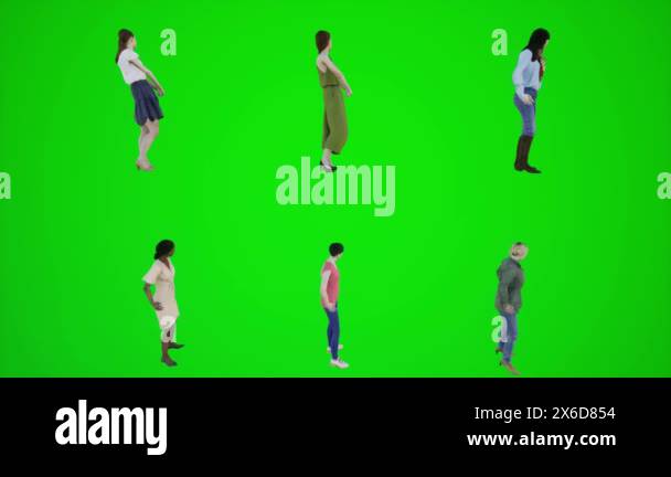 3D animation of six women standing on a green screen and waiting on the beach. Chromakey ...