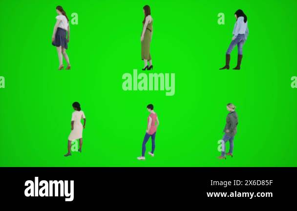 3D animation of six women standing on a green screen and waiting on the ...