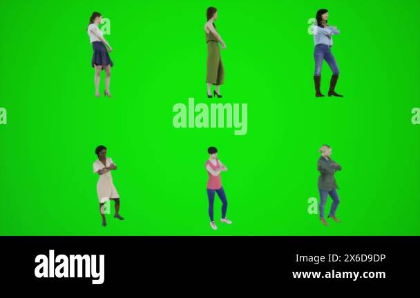 3D animation of six women standing on a green screen and waiting on the ...