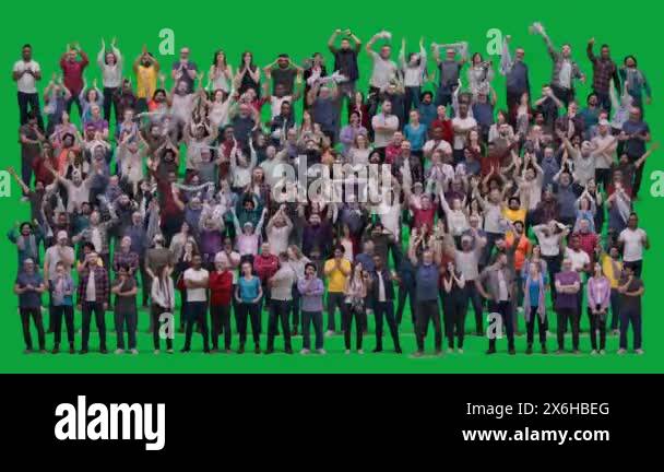 Huge crowd of supportive sports fans gesticulate and shout watching football match on stadium ...