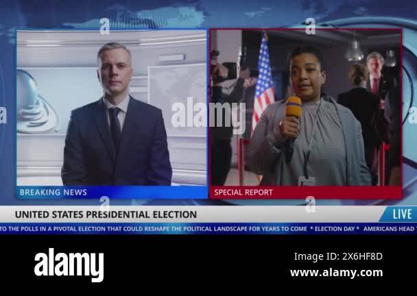 Male anchor in newsroom listens live report from African American ...