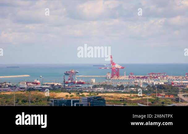 Time lapse of container ship loading and unloading in seaport, import ...